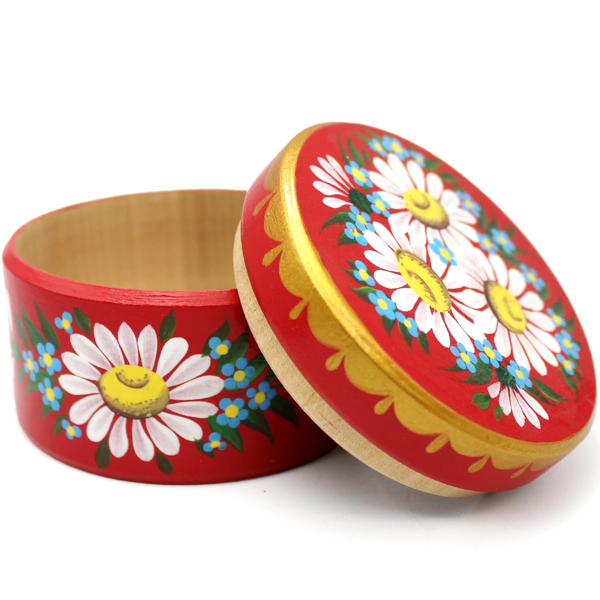 AEVVV Red Round Wooden Trinket Box with Lid for Jewelry - Decorative Wooden Box with Hand Painted Slavic Floral Design - Lacquer Engagement Ring Box Flowers