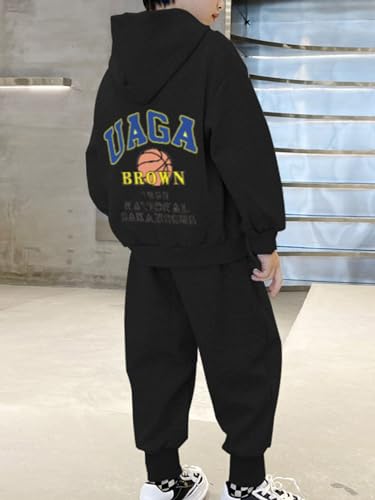 Doomiva Boys Athletic Sweatshirt Hoodie Tracksuit Kids Hooded Tee Shirts and Running Pants Sweatpants with Pockets Set Black 7-8 Years