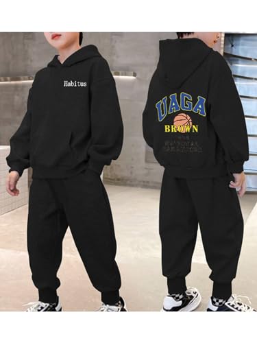 Doomiva Boys Athletic Sweatshirt Hoodie Tracksuit Kids Hooded Tee Shirts and Running Pants Sweatpants with Pockets Set Black 7-8 Years