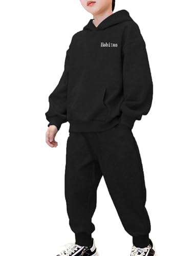 Doomiva Boys Athletic Sweatshirt Hoodie Tracksuit Kids Hooded Tee Shirts and Running Pants Sweatpants with Pockets Set Black 7-8 Years