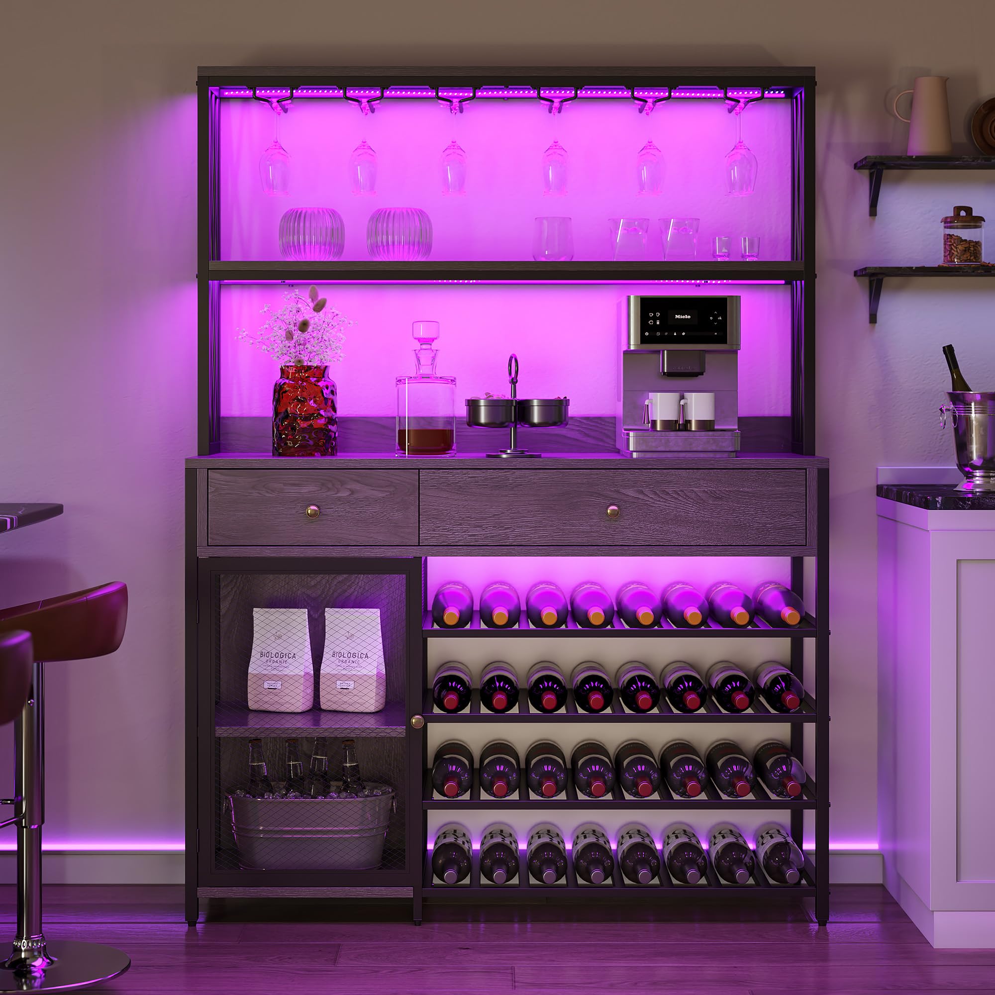 DWVO 47" Large Wine Rack Cabinet for Liquor & Glasses, Coffee Bar with LED Lights Door Shelves & Drawers, Modern Standing Bakers Rack Microwave Stand Kitchen Storage Shelf, Grey & Black