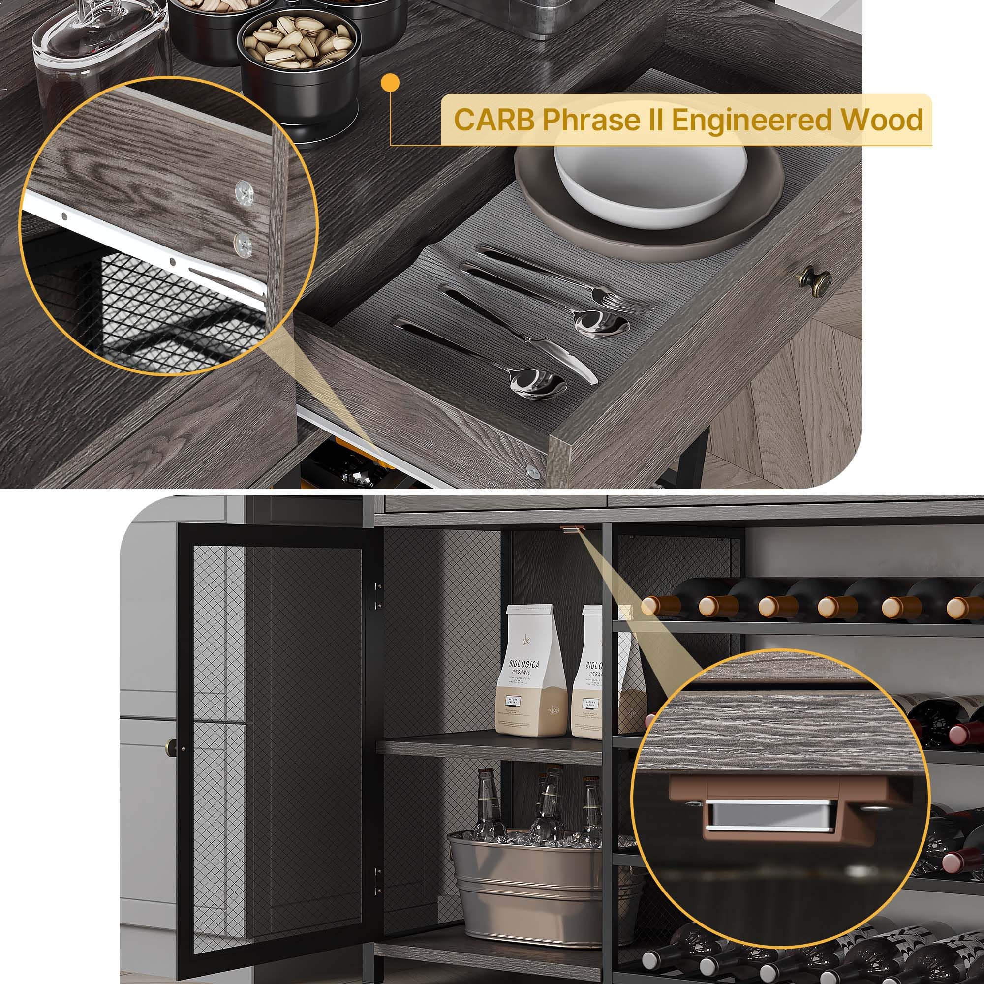 DWVO 47" Large Wine Rack Cabinet for Liquor & Glasses, Coffee Bar with LED Lights Door Shelves & Drawers, Modern Standing Bakers Rack Microwave Stand Kitchen Storage Shelf, Grey & Black
