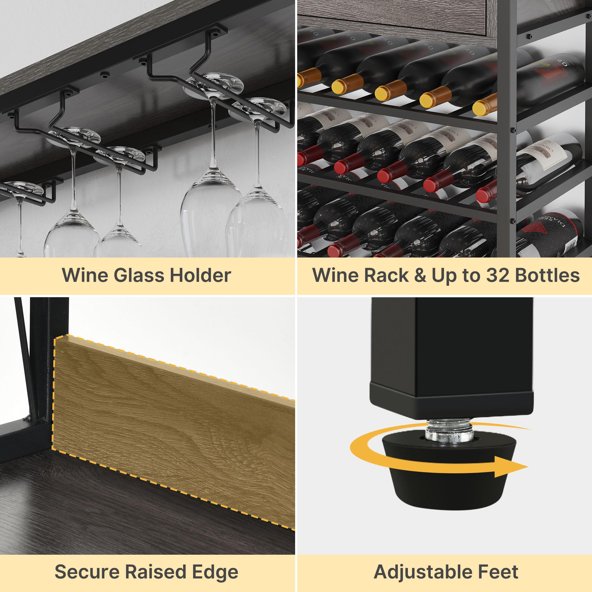 DWVO 47" Large Wine Rack Cabinet for Liquor & Glasses, Coffee Bar with LED Lights Door Shelves & Drawers, Modern Standing Bakers Rack Microwave Stand Kitchen Storage Shelf, Grey & Black