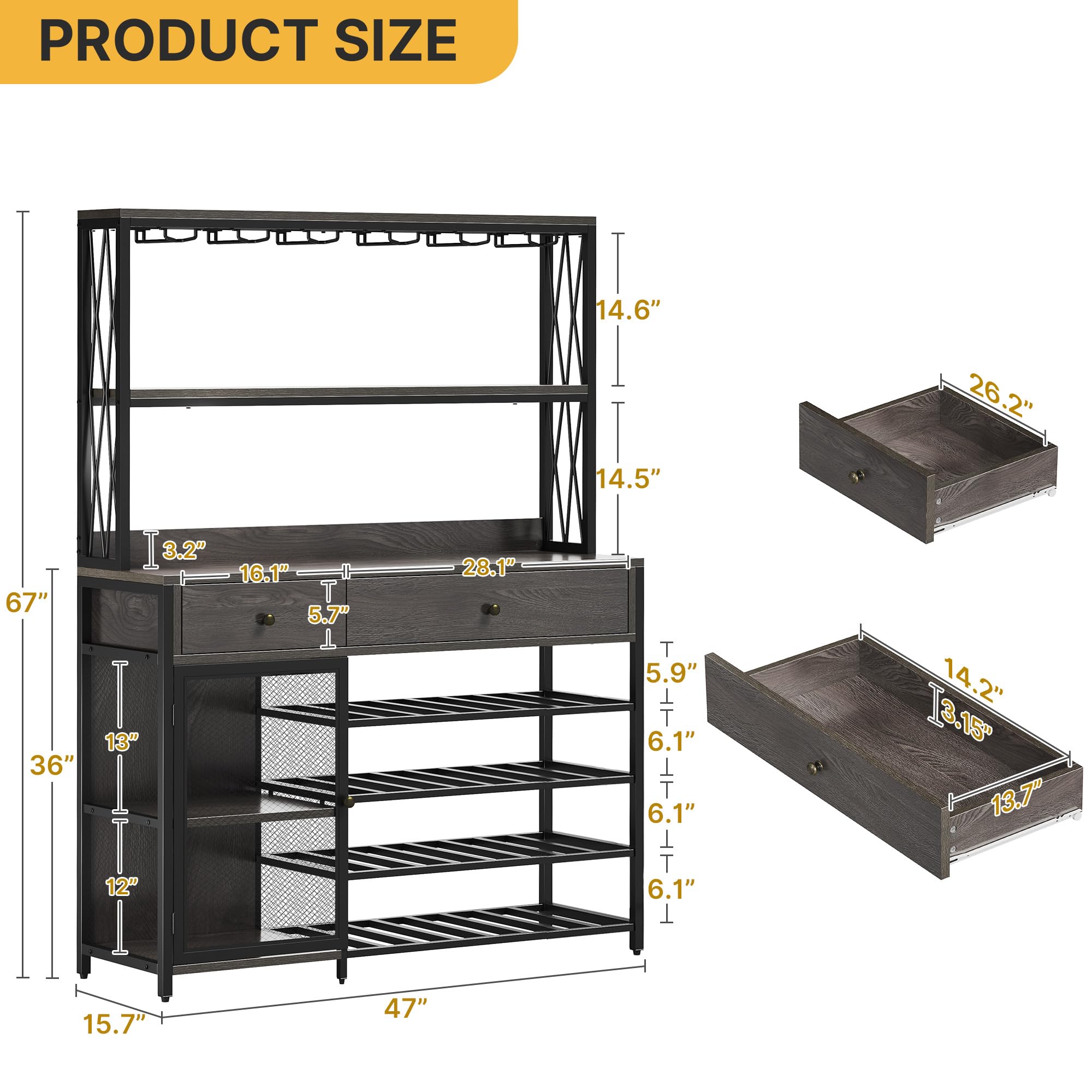 DWVO 47" Large Wine Rack Cabinet for Liquor & Glasses, Coffee Bar with LED Lights Door Shelves & Drawers, Modern Standing Bakers Rack Microwave Stand Kitchen Storage Shelf, Grey & Black