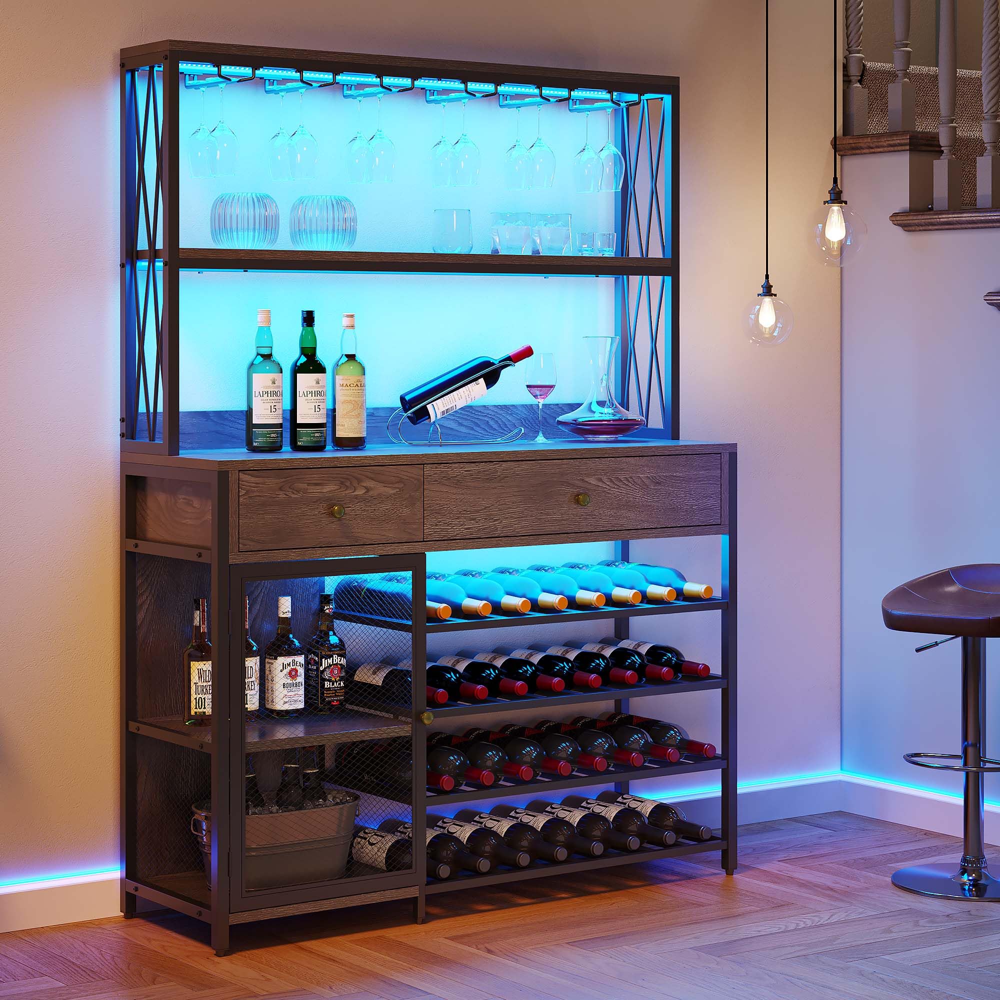 DWVO 47" Large Wine Rack Cabinet for Liquor & Glasses, Coffee Bar with LED Lights Door Shelves & Drawers, Modern Standing Bakers Rack Microwave Stand Kitchen Storage Shelf, Grey & Black