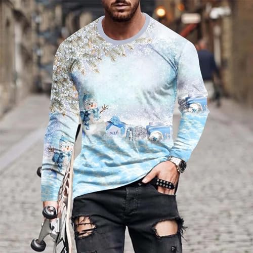 Lcxifdre Christmas Sweatshirt for Men Graphic Xmas Printing Long Sleeve Tee Shirt Crewneck Comfort Pullovers Vacation Clothes Light Blue