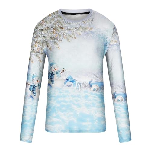 Lcxifdre Christmas Sweatshirt for Men Graphic Xmas Printing Long Sleeve Tee Shirt Crewneck Comfort Pullovers Vacation Clothes Light Blue