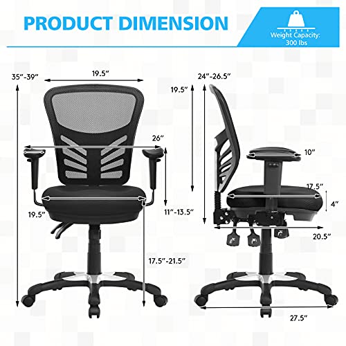 POWERSTONE Office Chair, Ergonomic Mesh Desk Chair with Adjustable Height Back Lumbar Support Armrest, Swivel Rolling Wheels Computer Chair, Task Chair, Black