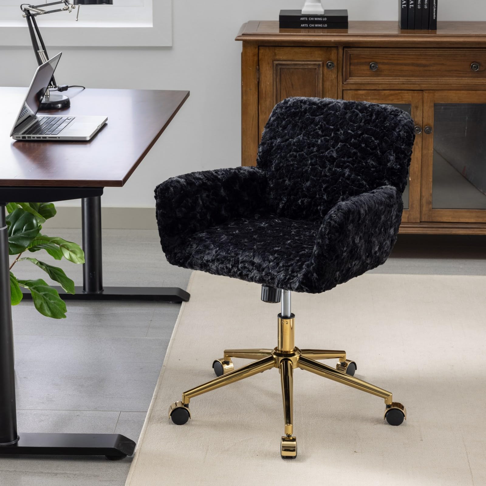 HomVent Furry Cute Office Chair, Modern Black Faux Fur Desk Chair, Faux Fur Makeup Vanity Desk Chair with Wheels & Gold Base,Ergonomic Adjustable Swivel Desk Chair for Girls Women Vanity Bedroom Study