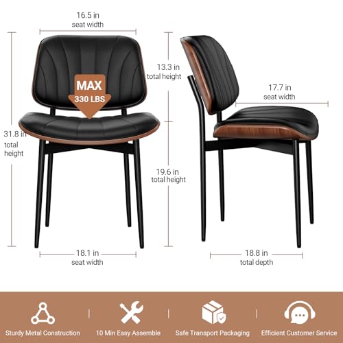 REONEY Dining Chairs Set of 2, Mid-Century Modern Upholstered PU Leather Chairs with Walnut Bentwood Back and Metal Legs Adjustable Feet for Kitchen Dining Room, Black Shell Strips