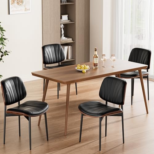 REONEY Dining Chairs Set of 2, Mid-Century Modern Upholstered PU Leather Chairs with Walnut Bentwood Back and Metal Legs Adjustable Feet for Kitchen Dining Room, Black Shell Strips