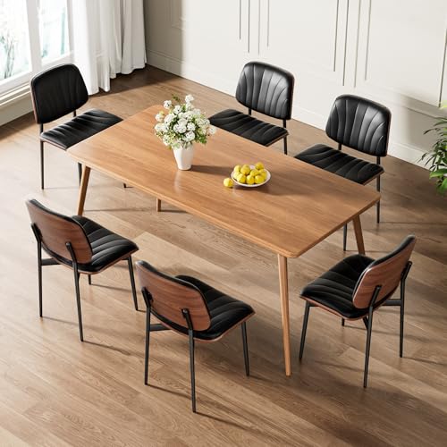 REONEY Dining Chairs Set of 2, Mid-Century Modern Upholstered PU Leather Chairs with Walnut Bentwood Back and Metal Legs Adjustable Feet for Kitchen Dining Room, Black Shell Strips