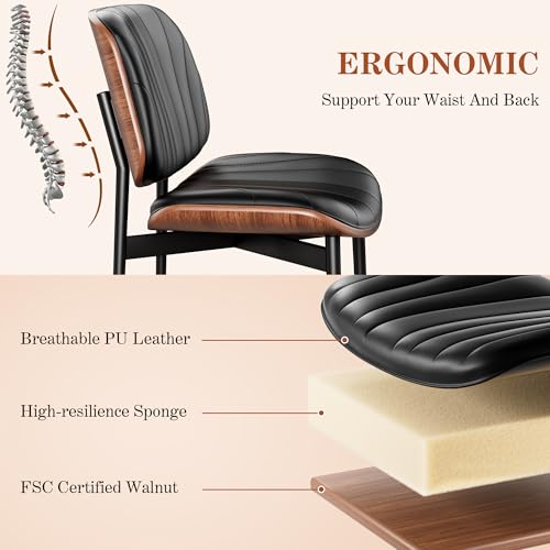 REONEY Dining Chairs Set of 2, Mid-Century Modern Upholstered PU Leather Chairs with Walnut Bentwood Back and Metal Legs Adjustable Feet for Kitchen Dining Room, Black Shell Strips