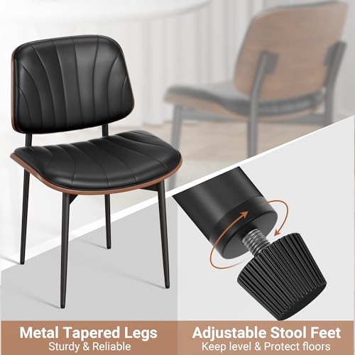 REONEY Dining Chairs Set of 2, Mid-Century Modern Upholstered PU Leather Chairs with Walnut Bentwood Back and Metal Legs Adjustable Feet for Kitchen Dining Room, Black Shell Strips