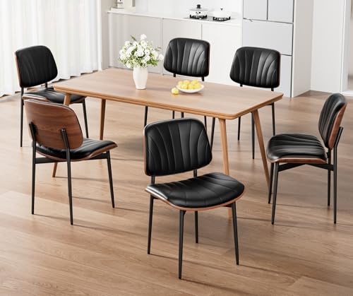 REONEY Dining Chairs Set of 2, Mid-Century Modern Upholstered PU Leather Chairs with Walnut Bentwood Back and Metal Legs Adjustable Feet for Kitchen Dining Room, Black Shell Strips