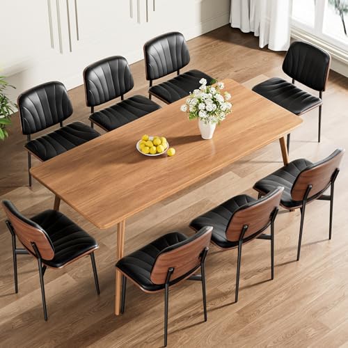 REONEY Dining Chairs Set of 2, Mid-Century Modern Upholstered PU Leather Chairs with Walnut Bentwood Back and Metal Legs Adjustable Feet for Kitchen Dining Room, Black Shell Strips