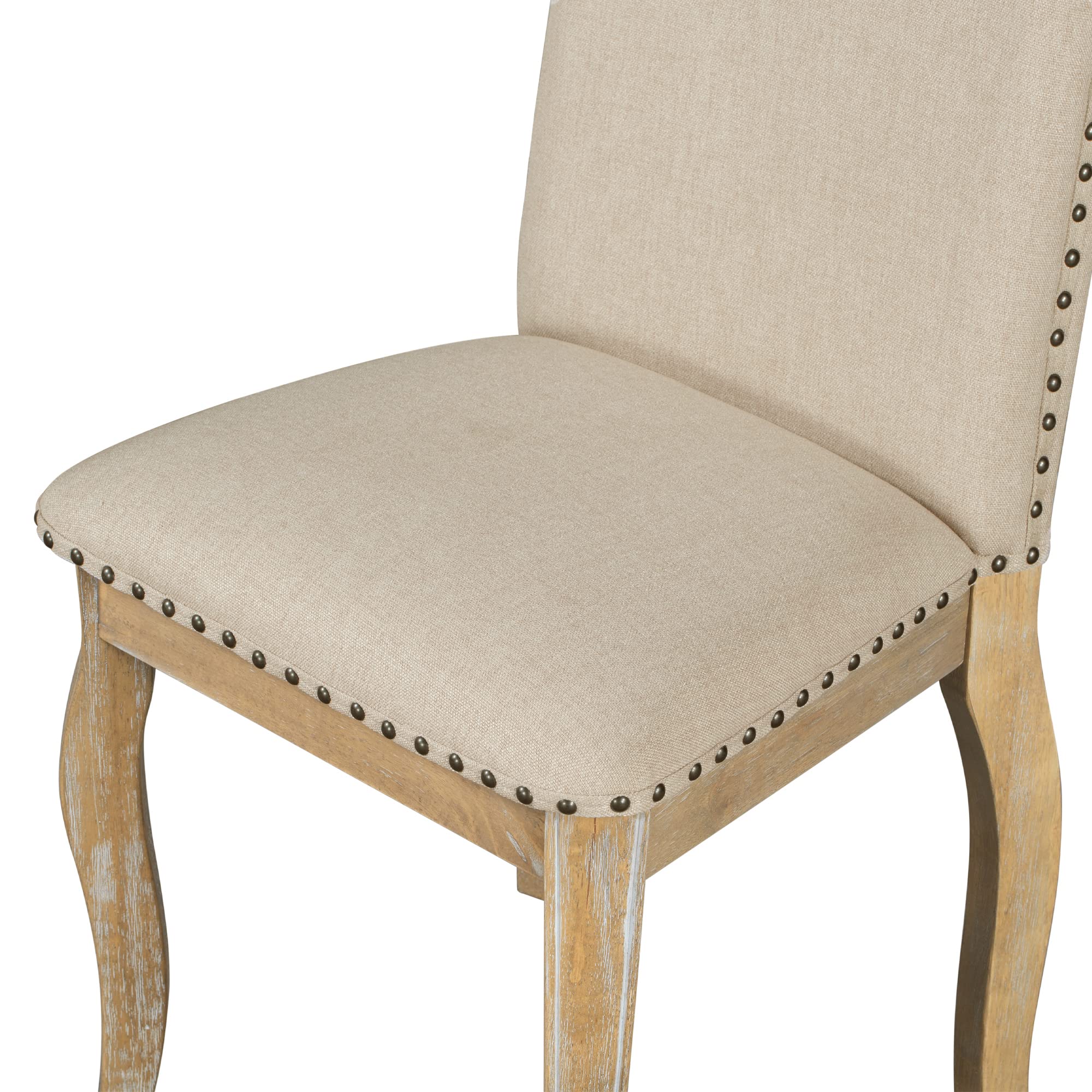 HESIEU Farmhouse Dining Chairs Set of 4 Upholstered Fabric Kitchen Chairs with Antique Bronze Nailhead Decor High Back Chair Solid Wood Legs for Dining Room Kitchen Living Room (Natural Wood Wash)