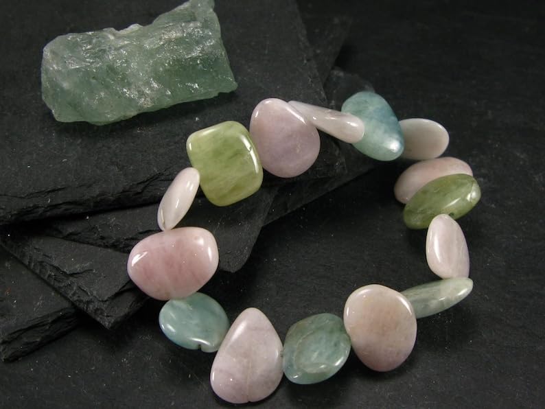 LKBEADS Natural Aquamarine & Morganite 12-14mm nugget smooth 7inch Semi-Precious Gemstones Beaded Bracelets for Men Women Healing Crystal Stretch Beaded Bracelet Unisex