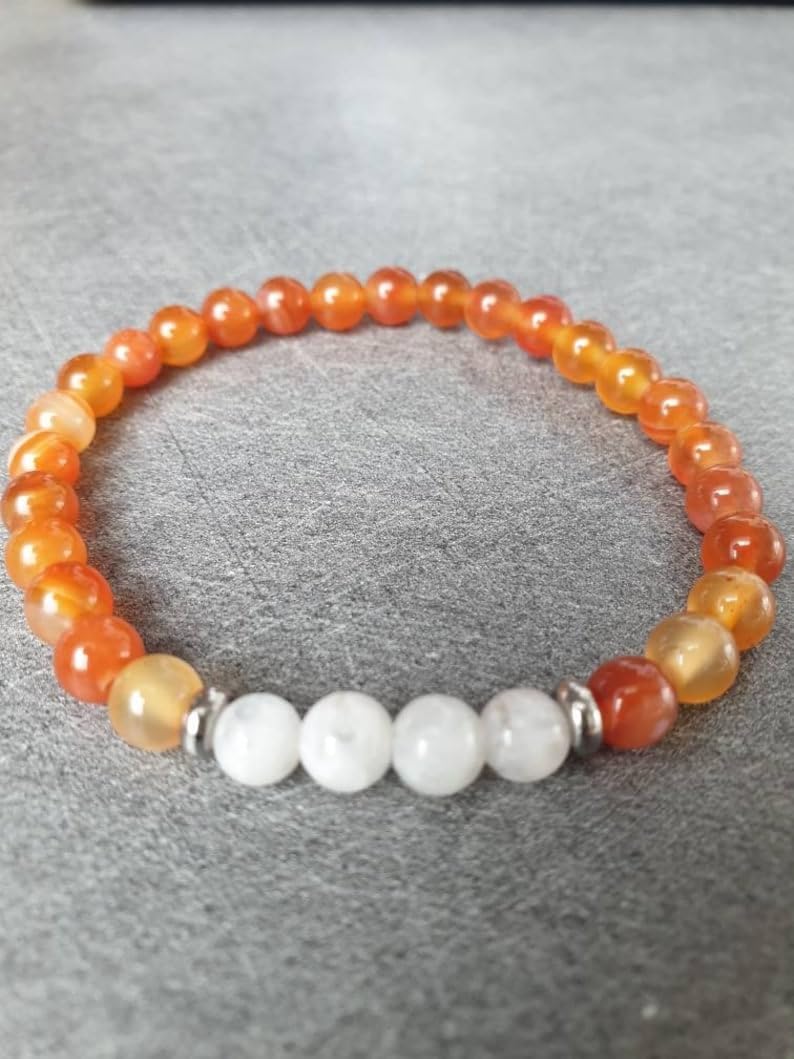 LKBEADS Natural Carnelian & Moonstone 6mm rondelle smooth 7inch Semi-Precious Gemstones Beaded Bracelets for Men Women Healing Crystal Stretch Beaded Bracelet Unisex