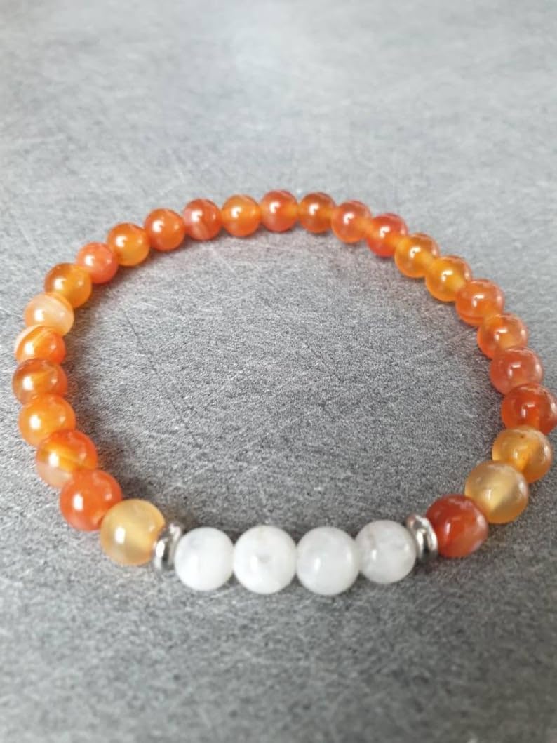 LKBEADS Natural Carnelian & Moonstone 6mm rondelle smooth 7inch Semi-Precious Gemstones Beaded Bracelets for Men Women Healing Crystal Stretch Beaded Bracelet Unisex