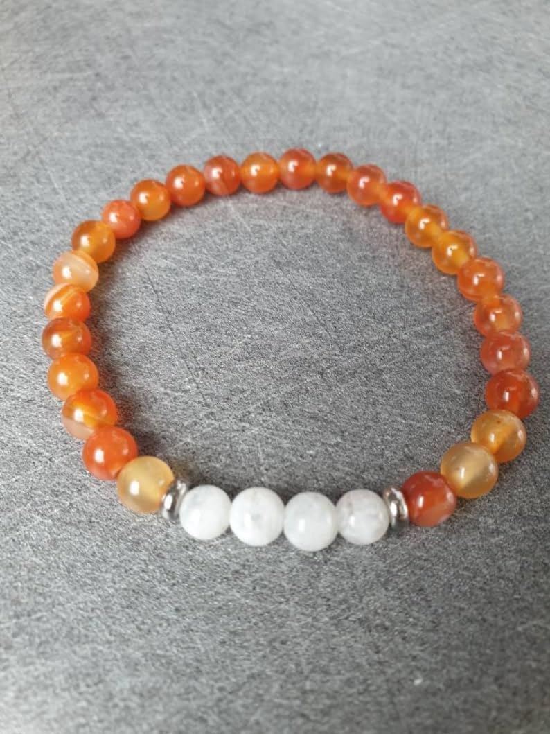 LKBEADS Natural Carnelian & Moonstone 6mm rondelle smooth 7inch Semi-Precious Gemstones Beaded Bracelets for Men Women Healing Crystal Stretch Beaded Bracelet Unisex