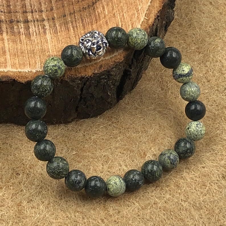 LKBEADS Natural Natural Russian Serpentine 8mm rondelle smooth 7inch Semi-Precious Gemstones Beaded Bracelets for Men Women Healing Crystal Stretch Beaded Bracelet Unisex