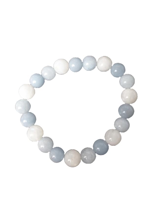 LKBEADS Natural Angelite, Aquamarine & Moonstone 10mm rondelle smooth 7inch Semi-Precious Gemstones Beaded Bracelets for Men Women Healing Crystal Stretch Beaded Bracelet Unisex