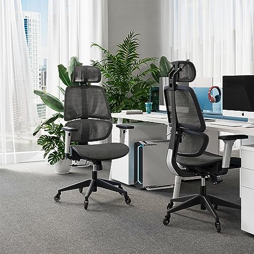 LINSY HOME High-Back Office Chair, Swivel Ergonomic Task Chair with Adjustable Headrest and Arms, Lumbar Support and PU Wheels, Computer Mesh Chair for Home Office, Dark Grey