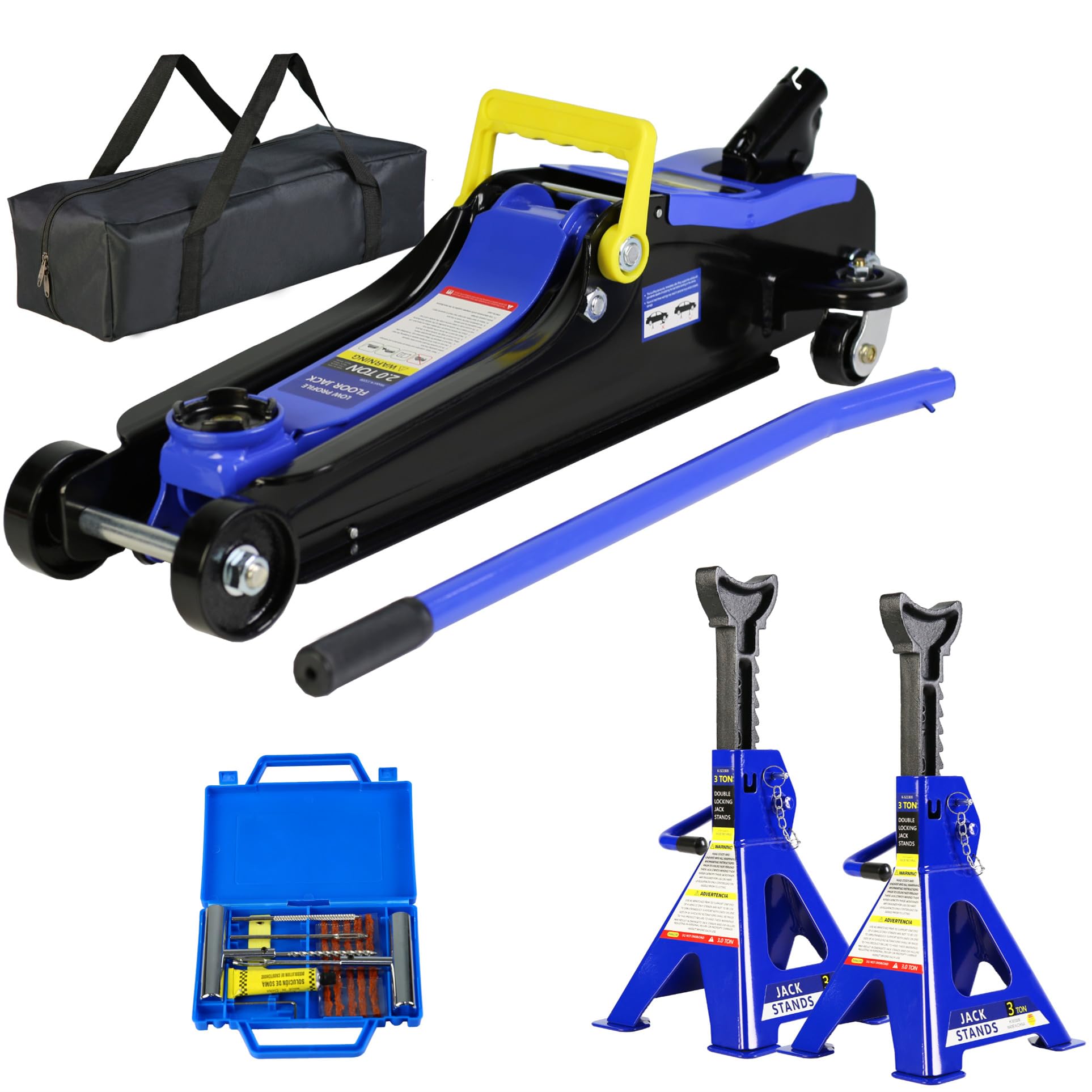 SSLine Automotive Hydraulic Trolley Service Car Jack Set Include 1 Pair 3-Ton Jack Stand,Heavy Duty Steel 2-Ton Racing Floor Jack with Carry Bag and Tire Repair Kit for Garage Auto Repair Shop