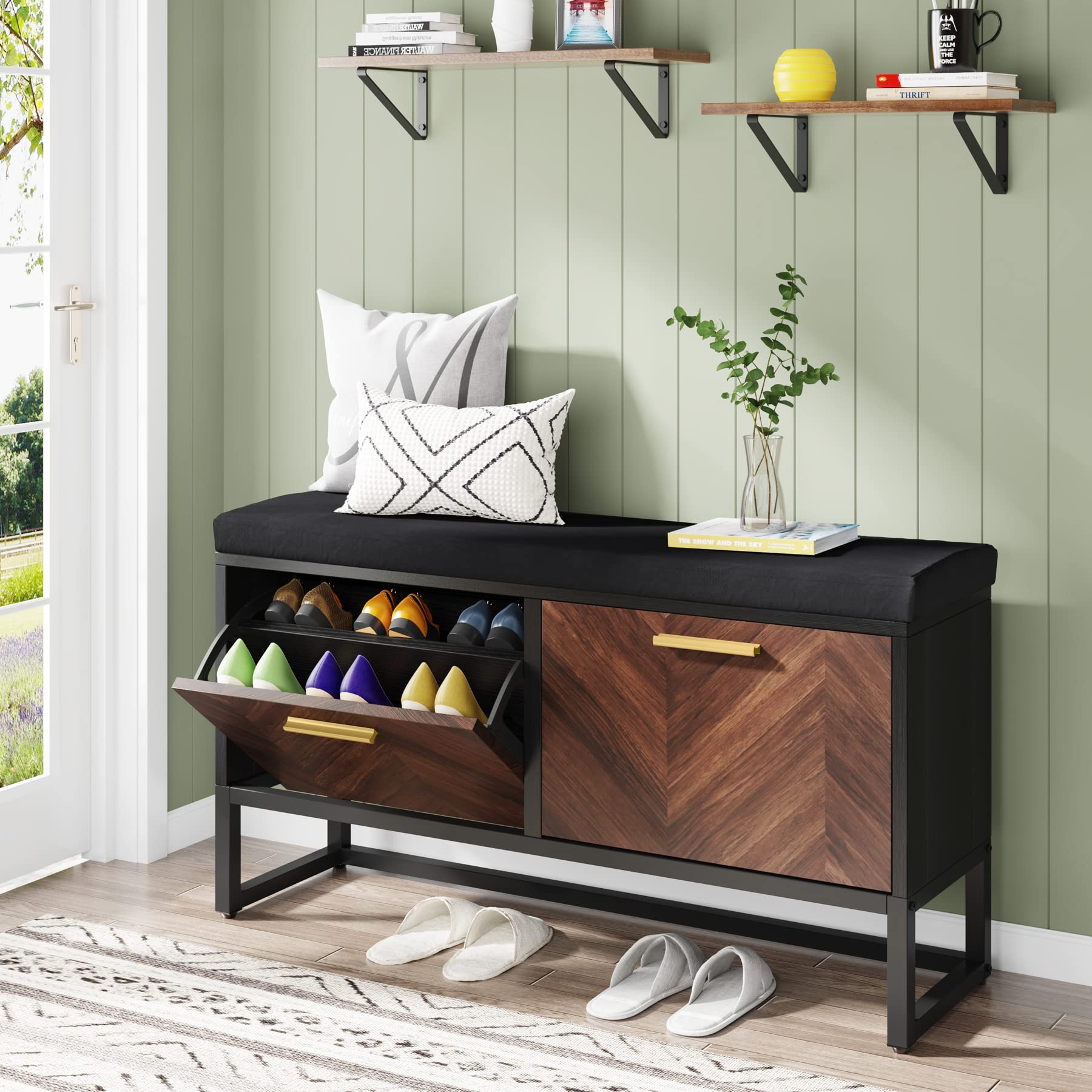 Tribesigns Storage Bench With Seat Cushion, Entryway Shoe Bench With 2 Flip Drawers, Hallway Cabinet, Hidden Organizer for Living Room, Bedroom, Mudroom, Black