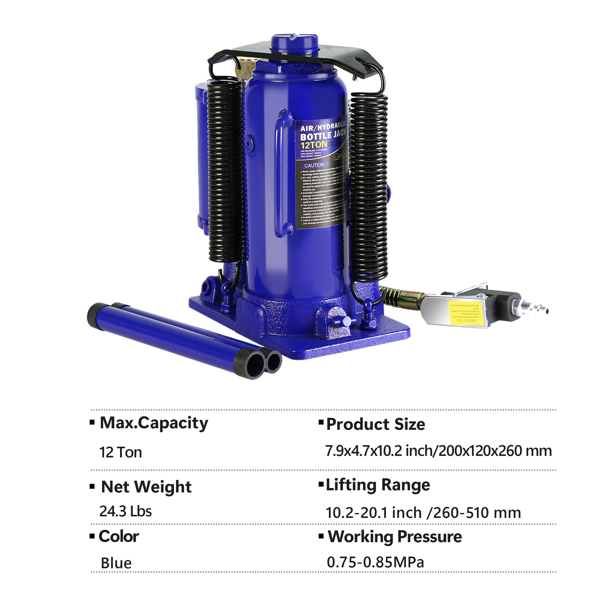 Air Hydraulic Bottle Jack, 12 Ton All Welded Bottle Jack, 10.2-20.1 inch Lifting Range, with 2-Section Long Handle, for Car, Pickup Truck, Truck, RV, Auto Repair, Industrial Engineering (Blue-12 Ton)