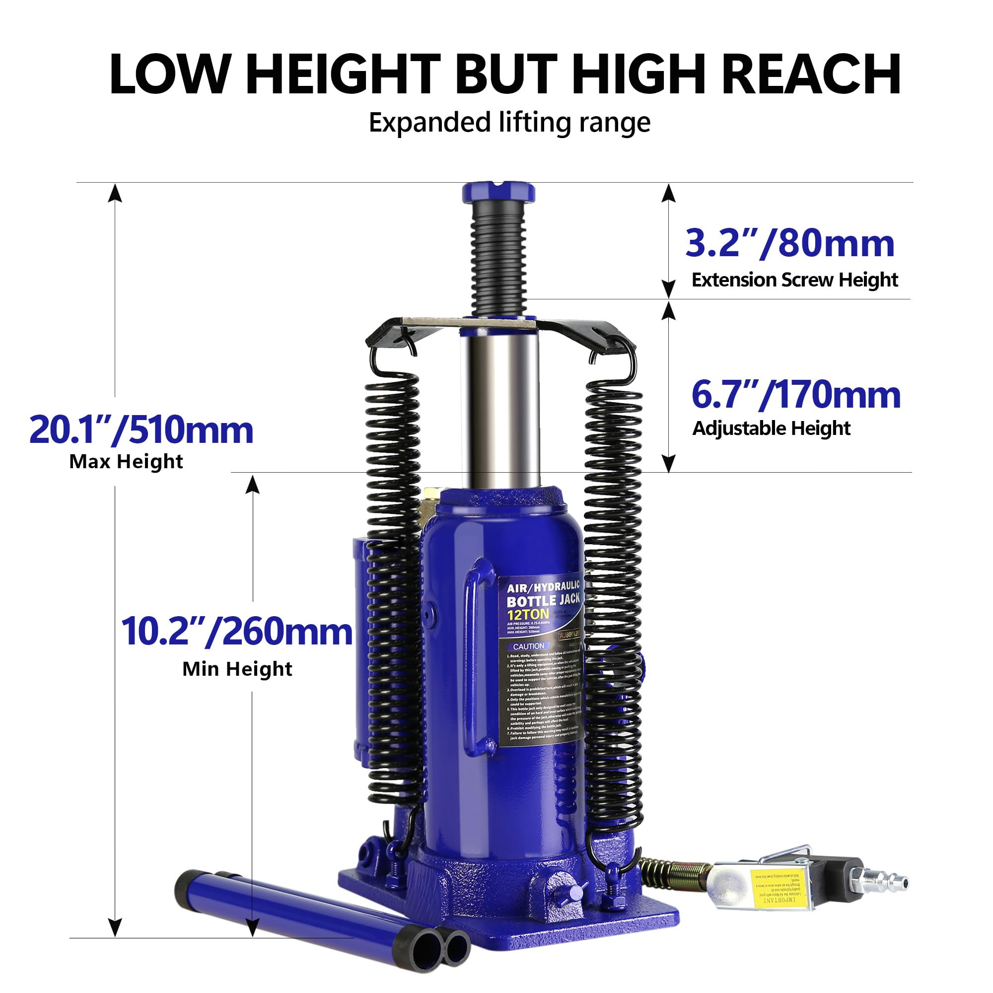 Air Hydraulic Bottle Jack, 12 Ton All Welded Bottle Jack, 10.2-20.1 inch Lifting Range, with 2-Section Long Handle, for Car, Pickup Truck, Truck, RV, Auto Repair, Industrial Engineering (Blue-12 Ton)
