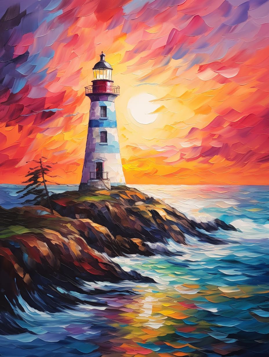 Lighthouse Seaside Sunset Colorful 5D Adult Diamond Art,DIY Diamond Art Painting Kit for Decor Canvas 11.7x15.7inch/30x40cm