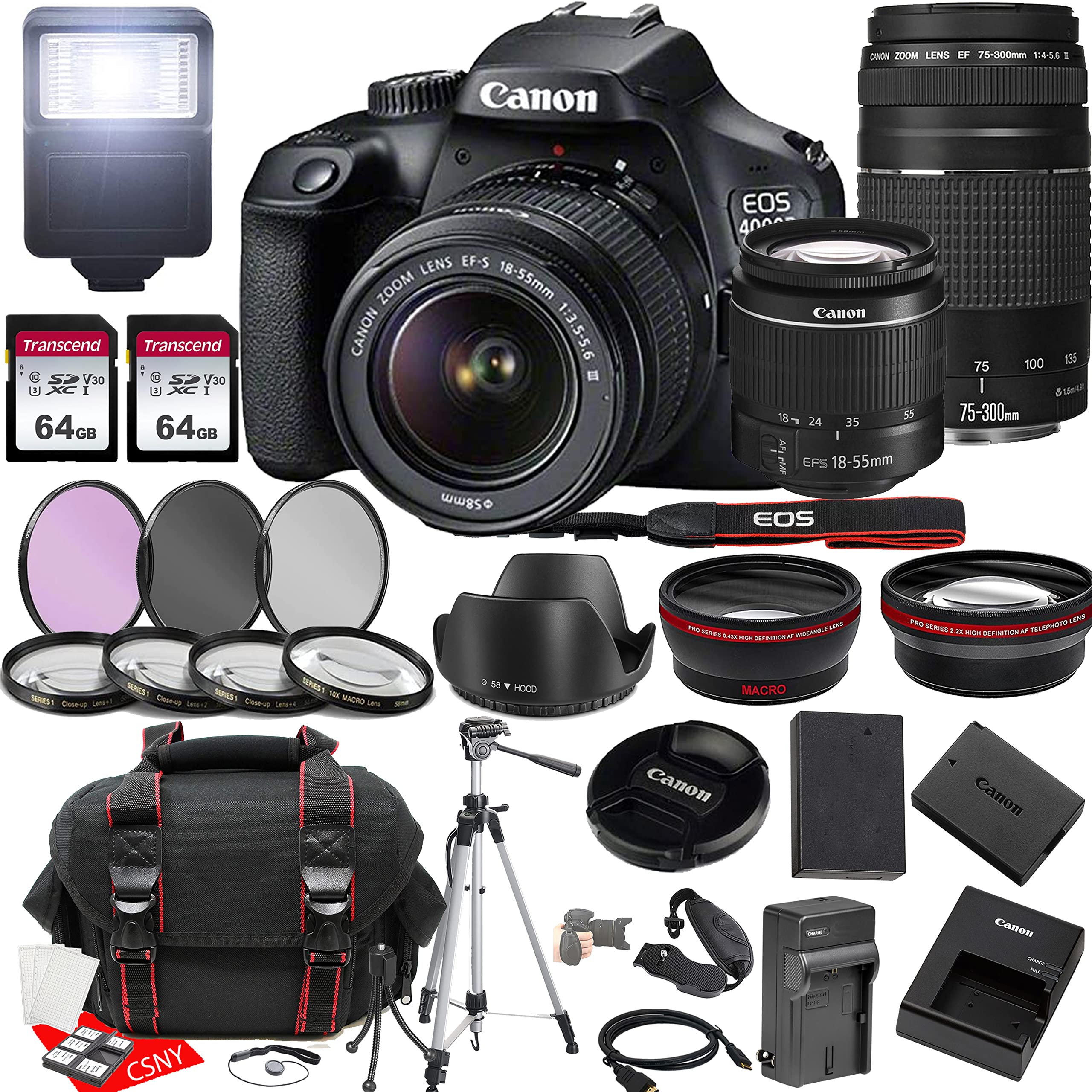Canon EOS 4000D (Rebel T100) DSLR Camera w/18-55mm F/3.5-5.6 Zoom Lens + 75-300mm F/4-5.6 III Lens + 2X 64GB Memory + Hood + Case + Filters + Tripod + More (35pc Bundle) (Renewed)