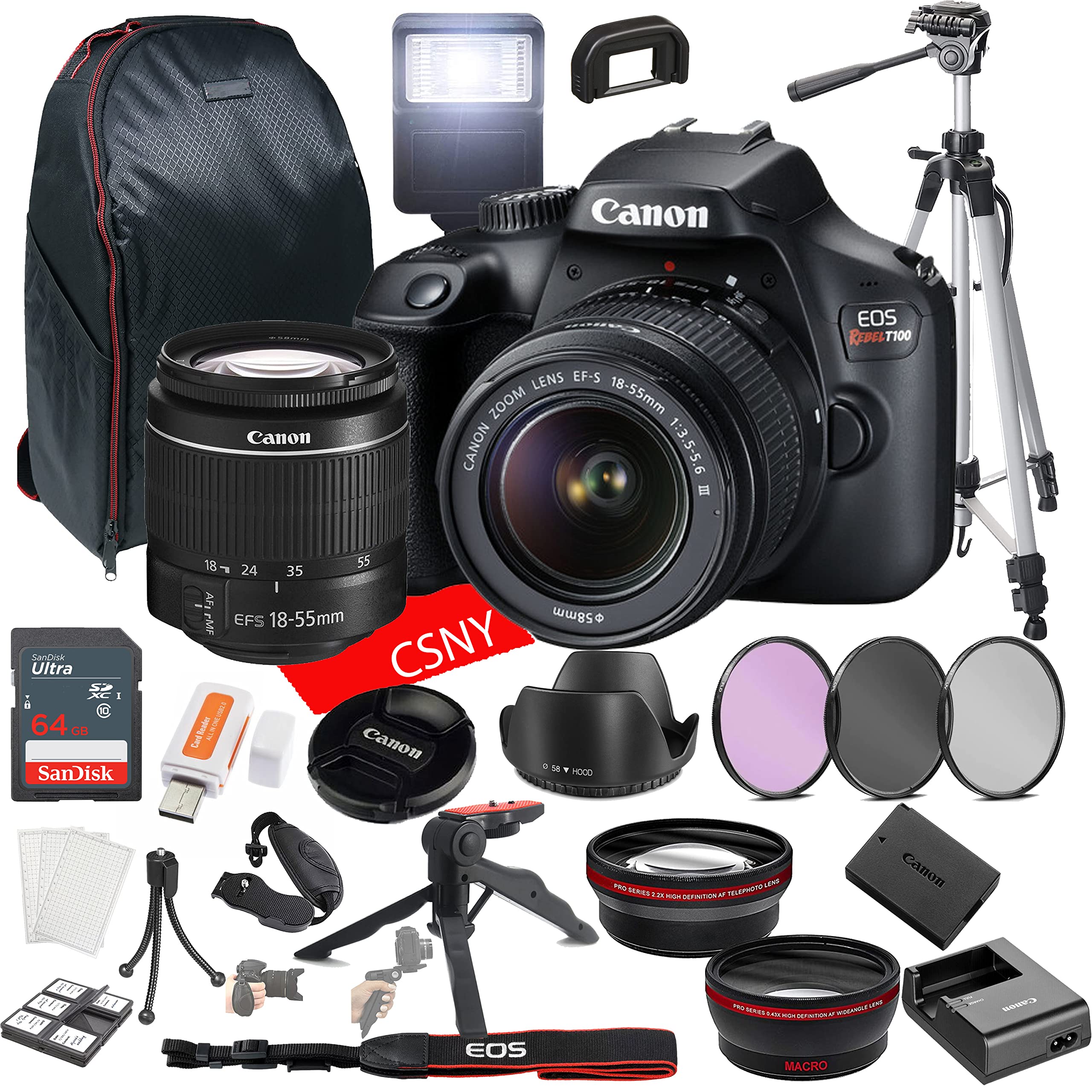 Canon Rebel T100 (EOS 4000D) DSLR Camera w/EF-S 18-55mm F/3.5-5.6 Zoom Lens + 64GB Memory + Back Pack Case + Tripod, Lenses, Filters, & More (28pc Bundle) (Renewed)