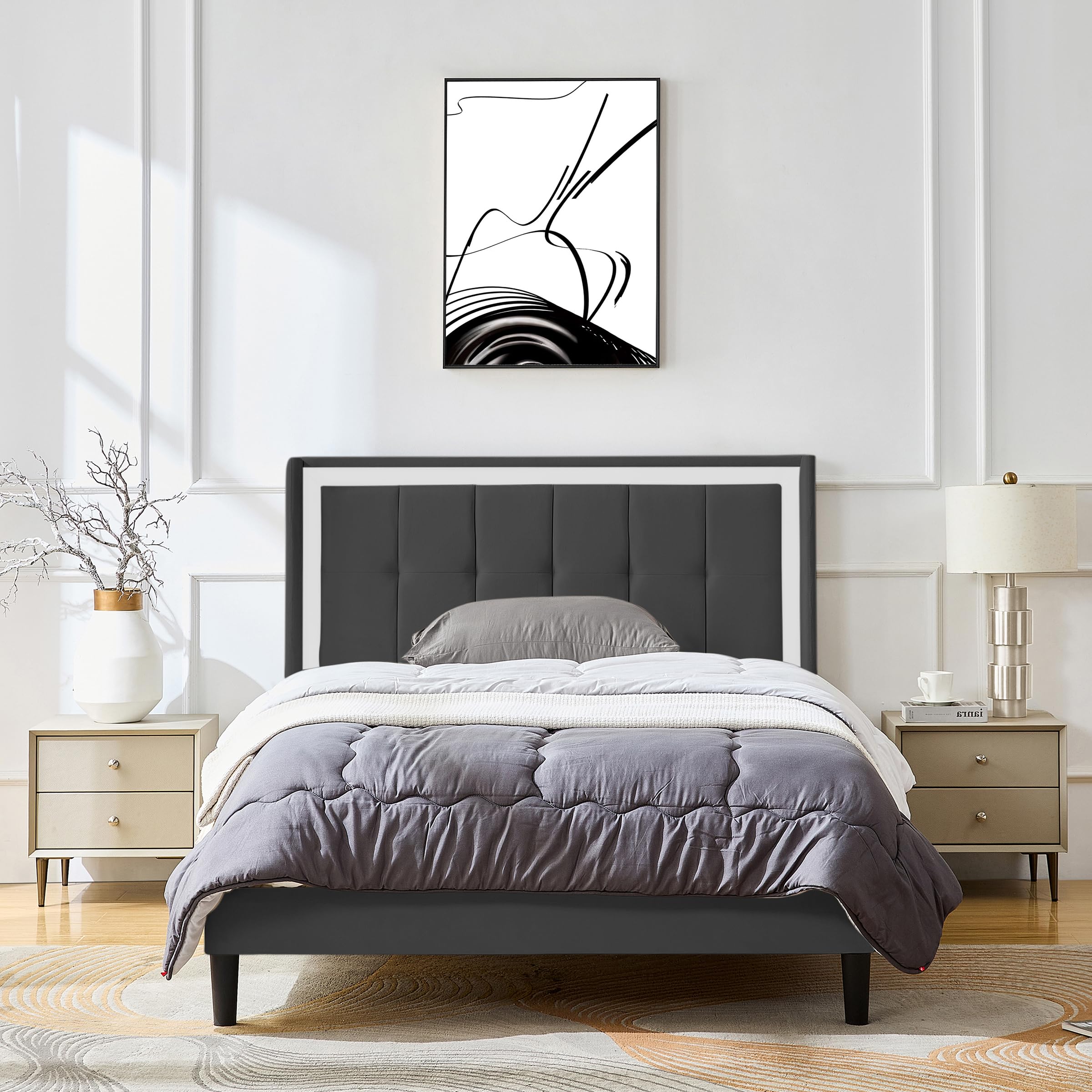 Queen Size Upholstered Platform Bed Frame with Headboard and Sturdy Wooden Slats, Wooden Bed for Bedroom, Non-Slip and Noise-Free, No Box Spring Needed, Easy Assembly, Dark Gray