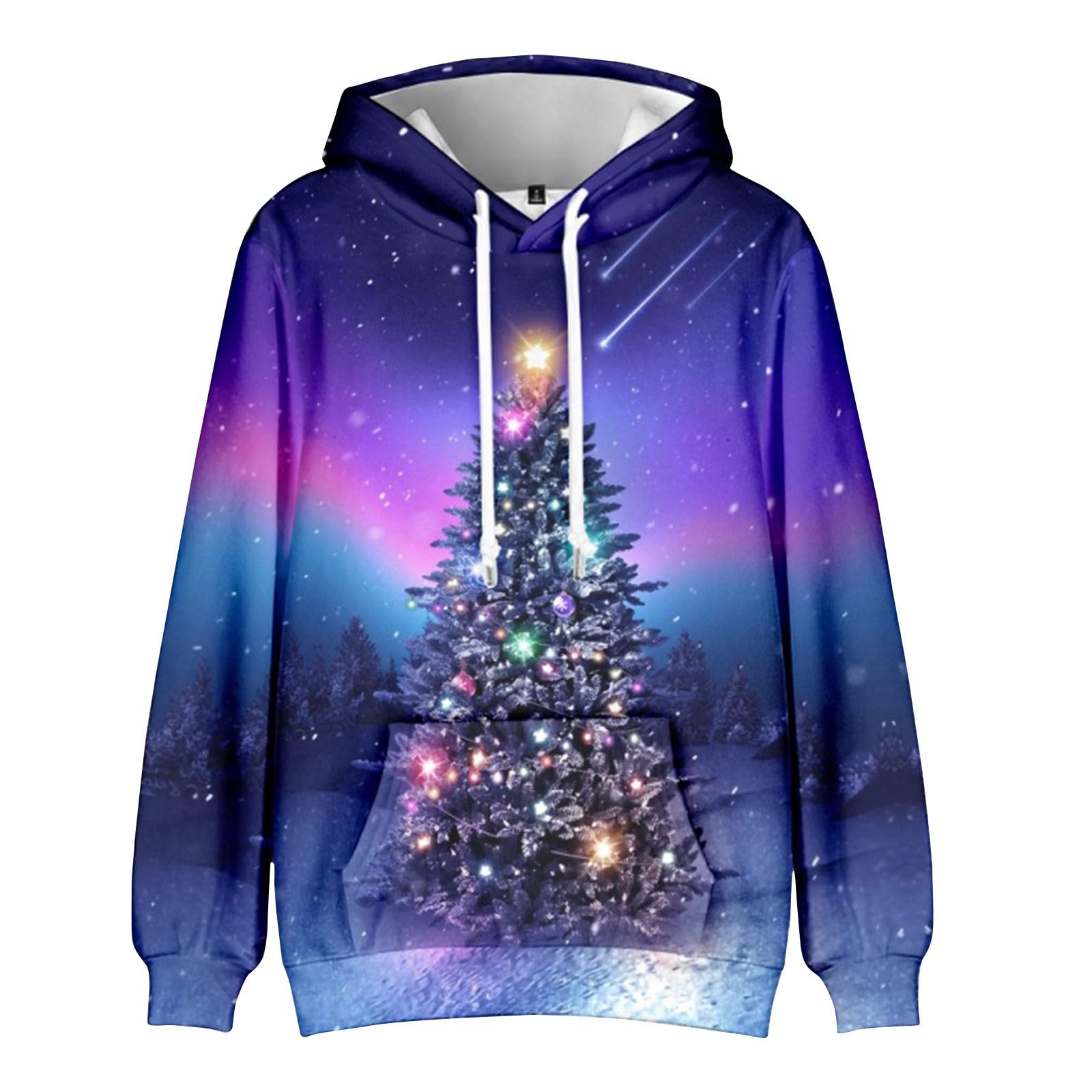 JWNYJFB Christmas Vacation Sweater, Mens Clothes Trendy Funny Christmas Tree Graphic Print Long Sleeve Drawstring Hoodies Pullover with Pockets Plus Size Holiday Sweater(B-Blue,L4)