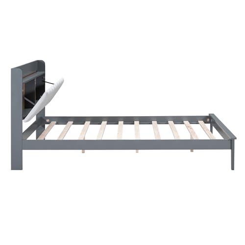 Merax Queen Size Upholstered Platform Bed with USB Charging Station and Storage Upholstered Headboard, LED Bed Frame, No Box Spring Needed, Gray