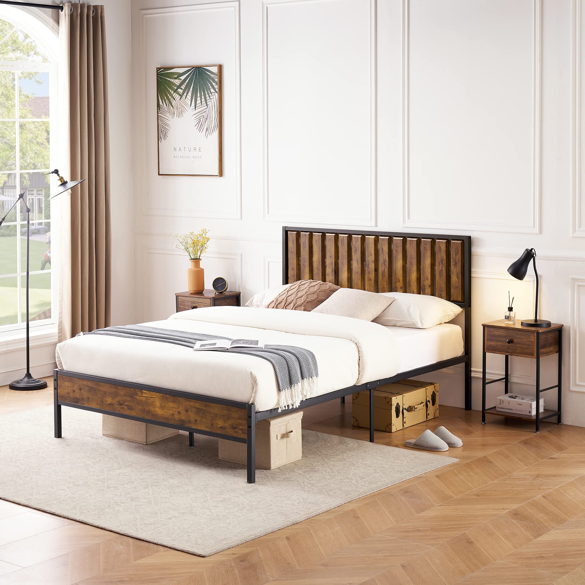 GAOMON Queen Size Bed Frame with Wood Headboard,Metal Bed Frame with 14 Heavy Duty Steel Slats,No Box Spring Needed,Noise-Free,Retro Brown