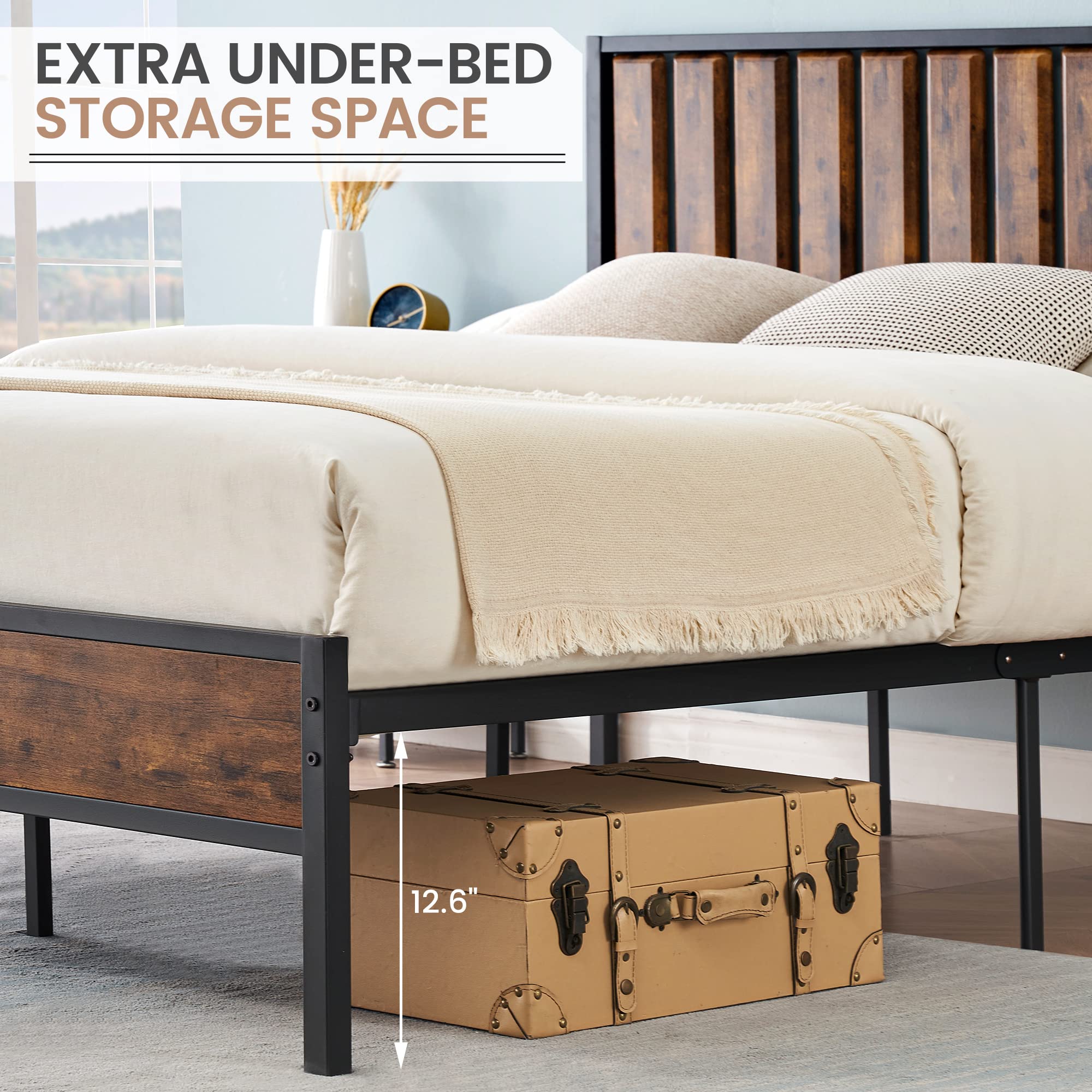 GAOMON Queen Size Bed Frame with Wood Headboard,Metal Bed Frame with 14 Heavy Duty Steel Slats,No Box Spring Needed,Noise-Free,Retro Brown