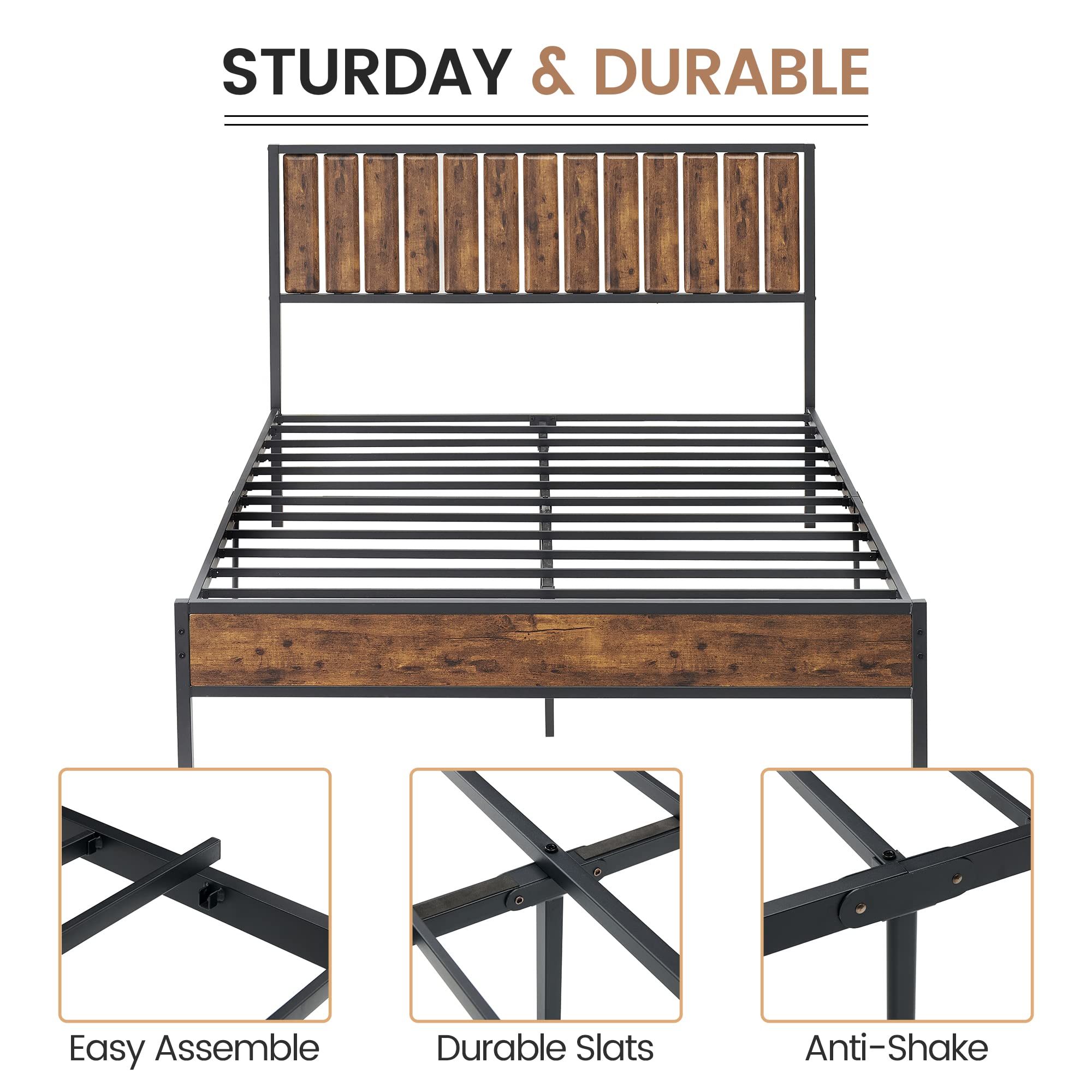 GAOMON Queen Size Bed Frame with Wood Headboard,Metal Bed Frame with 14 Heavy Duty Steel Slats,No Box Spring Needed,Noise-Free,Retro Brown