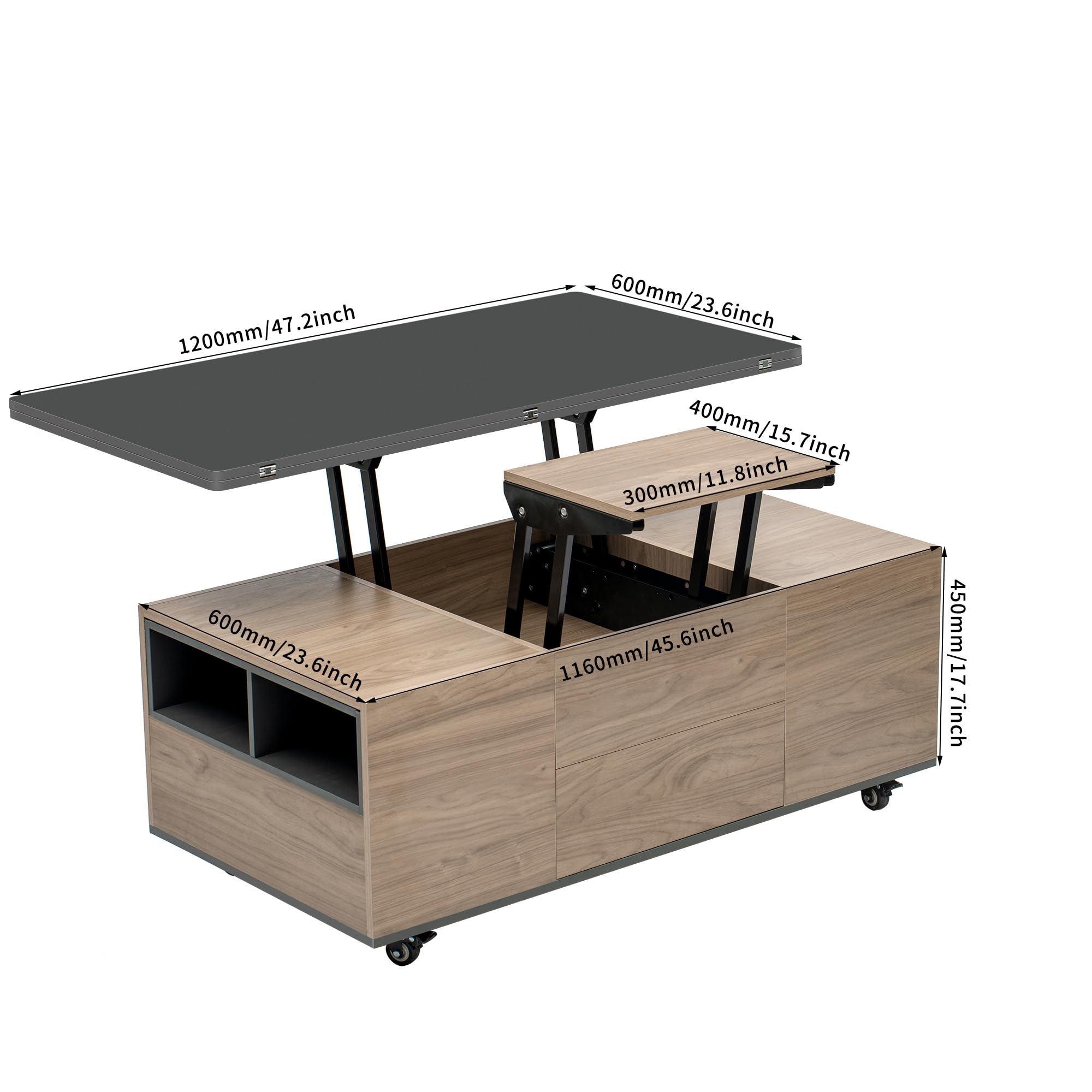 Merax Lift Top Coffee Table,with Fixable Wheels Open Storage Extendable Desktop Drawers