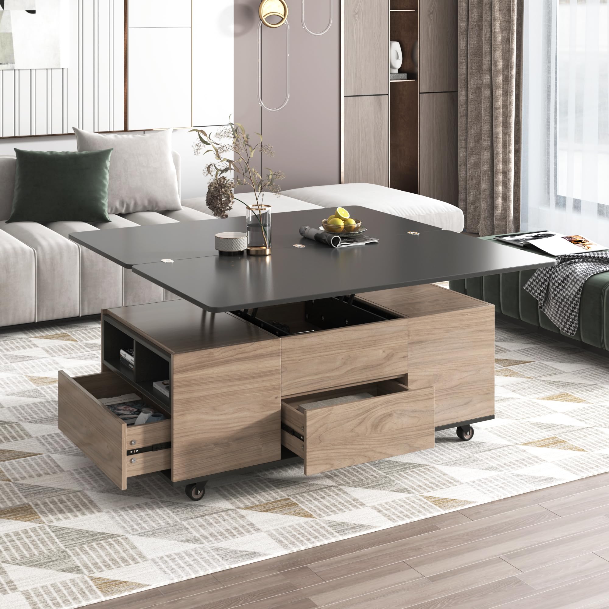 Merax Lift Top Coffee Table,with Fixable Wheels Open Storage Extendable Desktop Drawers
