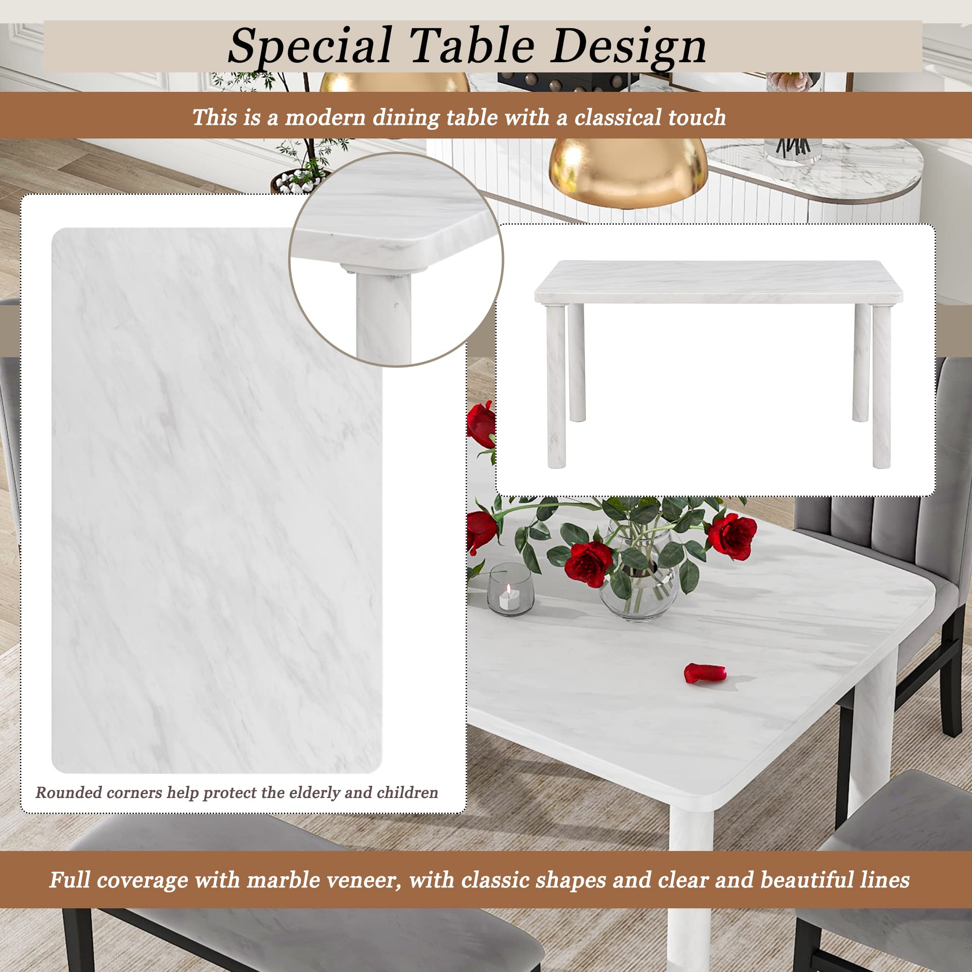FANYHOME 6 Pieces Set, Faux Marble Veneer Rectangular Table and 4 Flannelette Upholstered Dining Chairs & Bench for Kitchen Living Room Furniture Gray-60 L, White+Gray