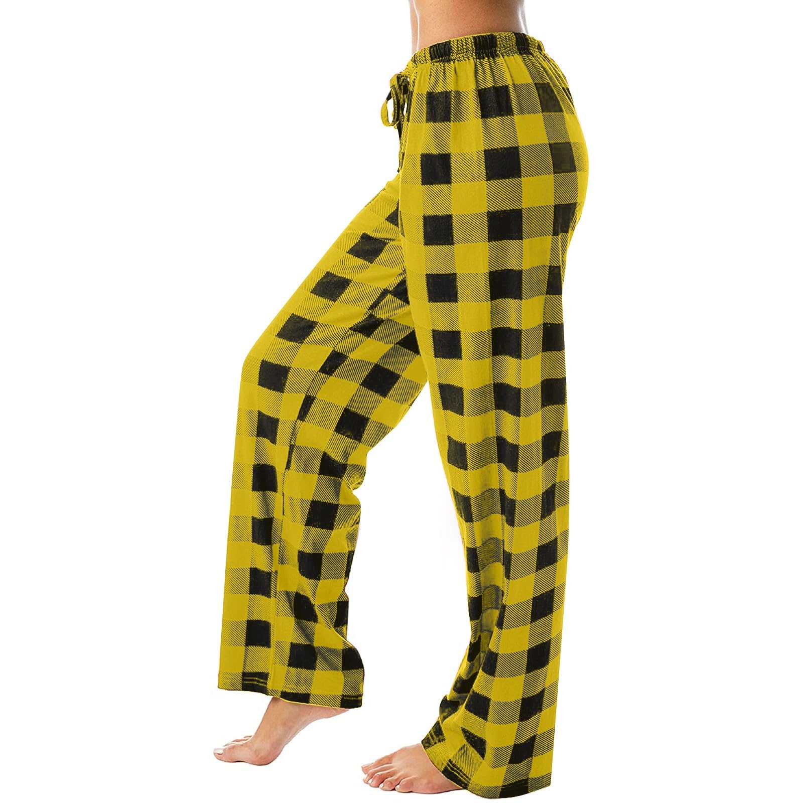 Yellow XL Wide Leg Cotton Pants for Women with Pockets Baggy Boho Pants Elastic Waistband Soft Pajamas Fall Winter Bufflo Plaid Women's Leggings Plus Size Fall Boho Flower Bottoms