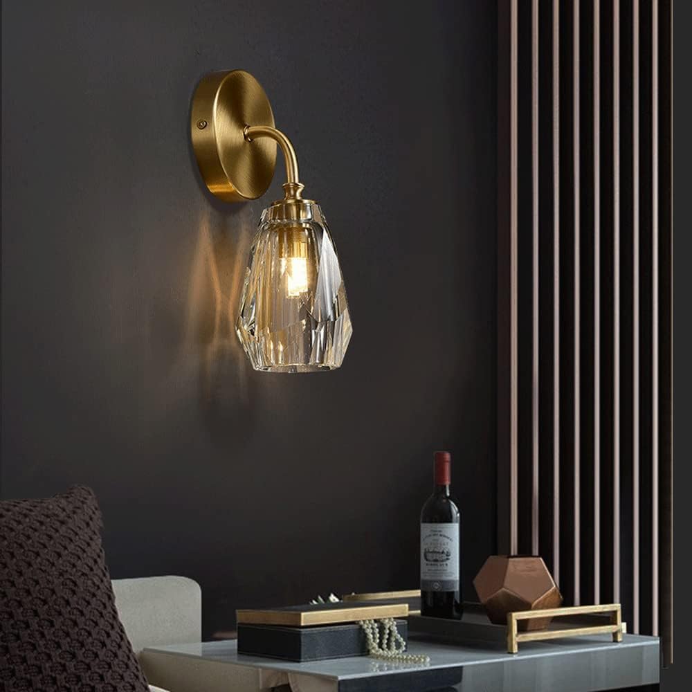 HOBIBA Reading Light Copper Wall Sconce, K9 Crystal Shade Wall Lamp, Bedside G9 Wall Lighting Adjustable Cord Wall Lights for Bedroom Hallway Bathroom (Size:A)
