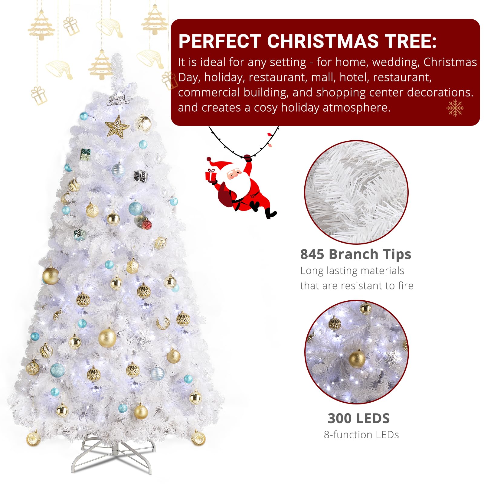 6ft Premium White Prelit Artificial Christmas Tree,Artificial Xmas Decoration Tree,Artificial Spruce Hinged Christmas Tree,Pre-Lit Artificial Xmas Tree,with Lights,for Home Office Party Decorations