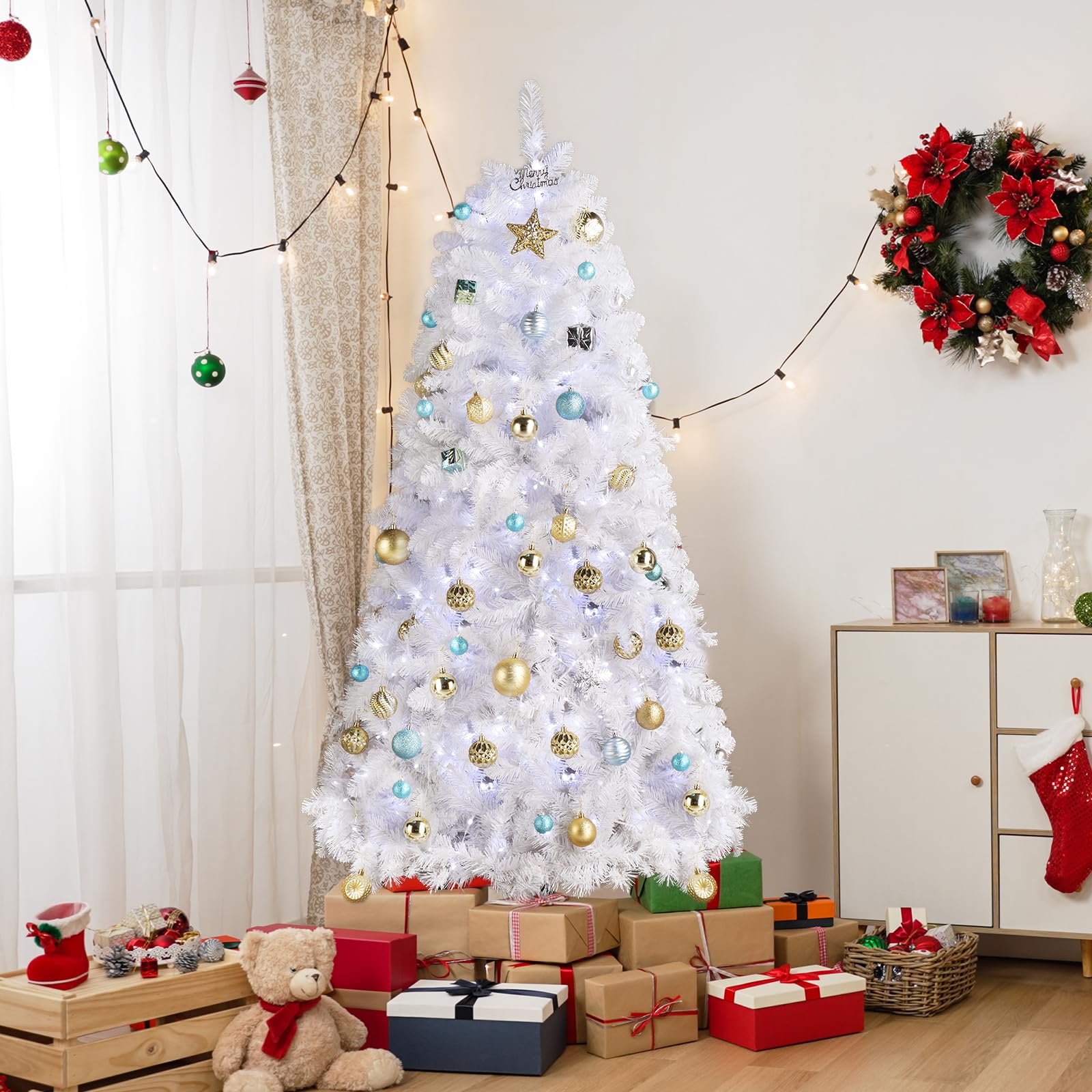 6ft Premium White Prelit Artificial Christmas Tree,Artificial Xmas Decoration Tree,Artificial Spruce Hinged Christmas Tree,Pre-Lit Artificial Xmas Tree,with Lights,for Home Office Party Decorations