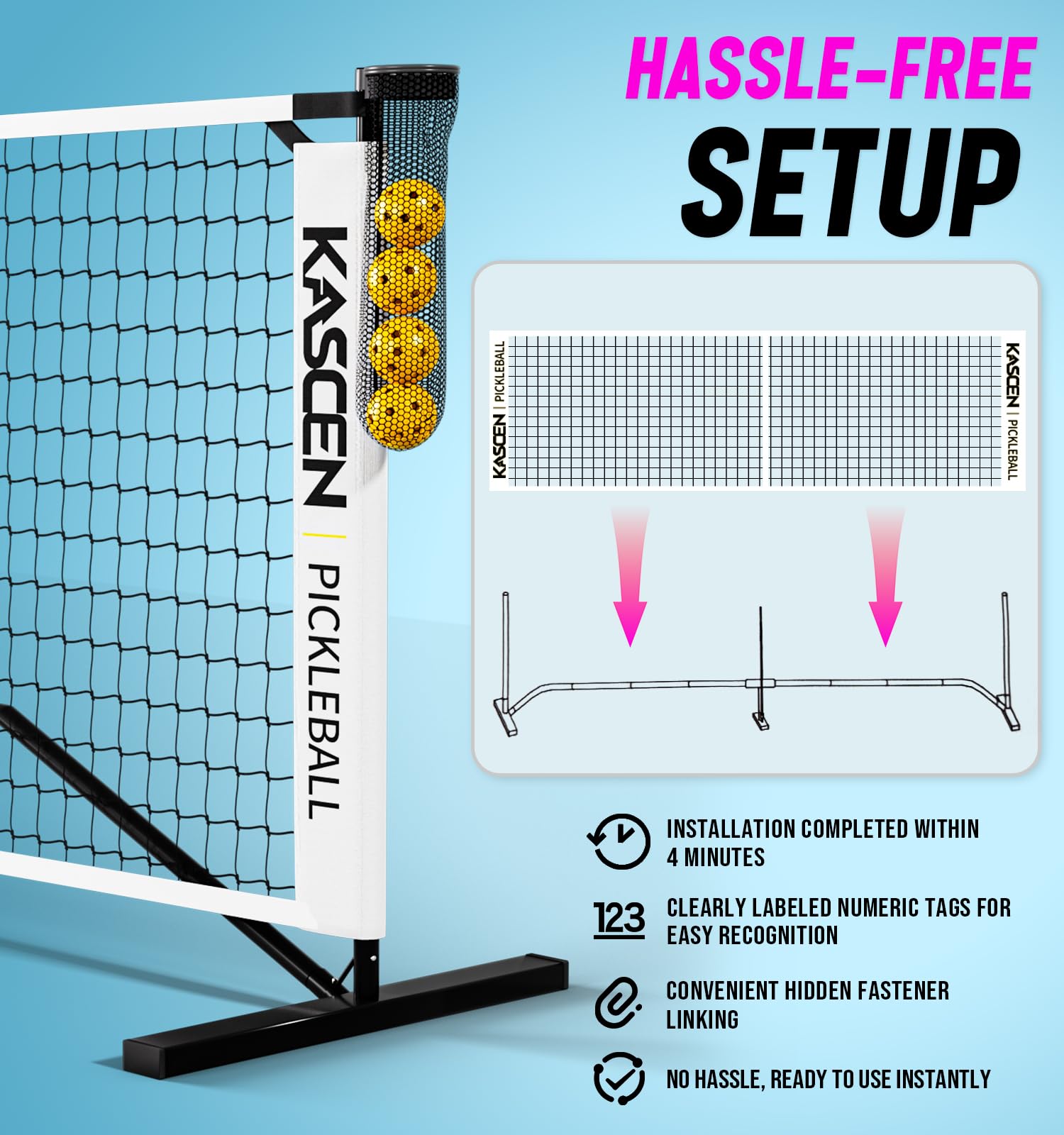 Kascen White Pickleball Net - 22 FT Regulation Size Portable Pickle Ball Net with Ball Holder, 4 Pickleballs & Carry Bag for Outdoor Indoor Driveway Backyard