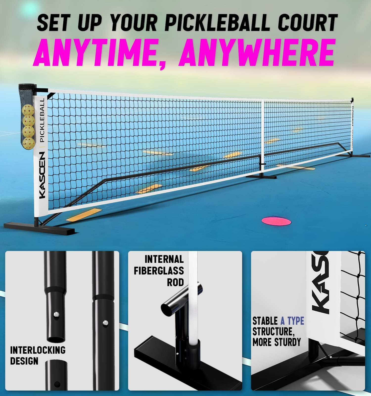Kascen White Pickleball Net - 22 FT Regulation Size Portable Pickle Ball Net with Ball Holder, 4 Pickleballs & Carry Bag for Outdoor Indoor Driveway Backyard